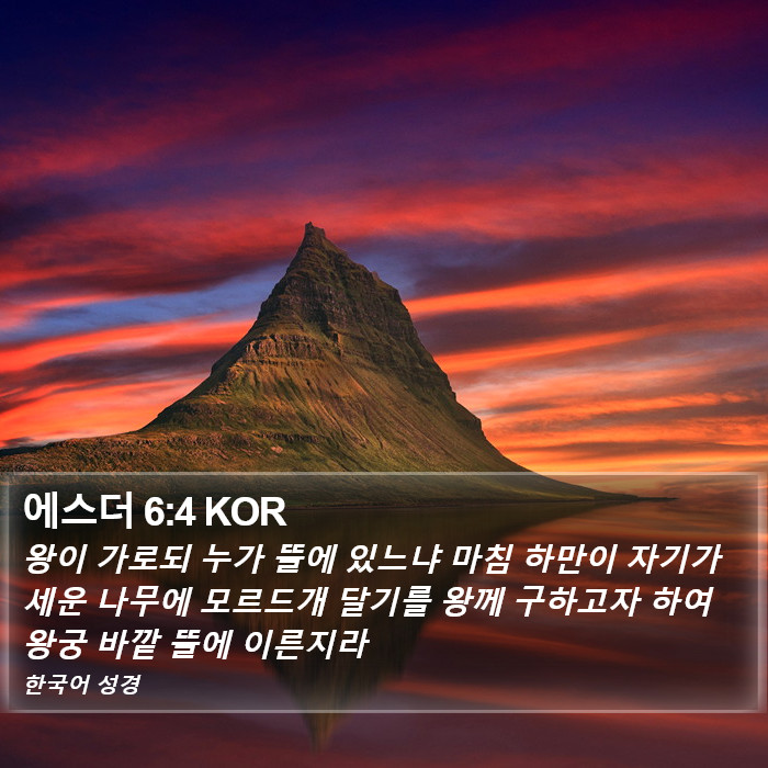 에스더 6:4 KOR - 왕이 가로되 누가 뜰에 있느냐 마침